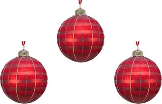 Decoris Weihnachtskugeln Glas 8cm x 3 Stück mit Streifen Muster Motiv Glitzer weihnachtsrot