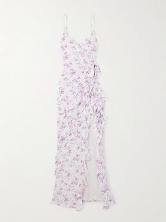 Alessandra Rich Robe Aus Seidensatin Mit Blumenprint Und R&uuml;schen - Wei&szlig;