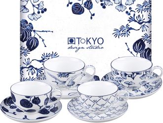 Tokyo Design Studio Flora Japonica Tasse und Untertasse, Geschenkset, 4 hochwertige Teetassen aus Porzellan und 4 passende Untertassen, dekorative Geschenkbox, mikrowelle