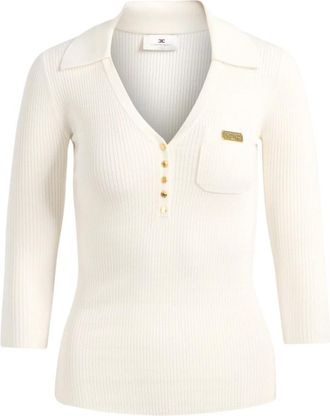 Elisabetta Franchi Femme, Pulls, Blanc, Taille: 38 FR Polo en maille c&ocirc;tel&eacute;e