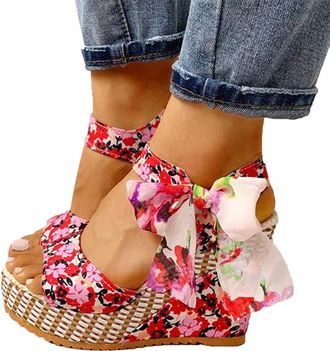 Onsoyours Sandalen Damen Keilabsatz R&ouml;mersandalen Espadrilles Plateau Sandaletten mit Polka Dots Punkte High Heels Elegant Gebl&uuml;mt Sommerschuhe Peep Toe Strands