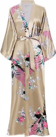Babeyond Robe de chambre kimono en satin de soie pour femme - Motif paon - Longue robe de chambre - Pour fille - 135 cm de long, champagne, Einheitsgröße Große