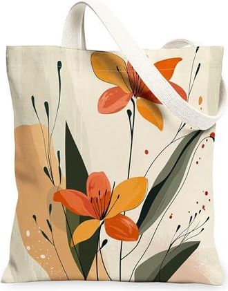 Generic Sac fourre-tout en toile r&eacute;utilisable avec motif floral du milieu du si&egrave;cle pour le shopping, 33 x 38 cm, motif floral r&eacute;tro du milieu du si&egrave;cle, sac 