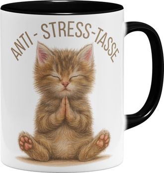 OM3 K&auml;tzchen Anti-Stress Kaffee-Tasse mit Spruch - lustige Keramiktasse Namaste-Motiv - Meditation Katze - Keramik Becher - 325ml - Beidseitig Bedruckt - 