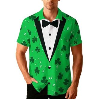 Generic Chemise &agrave; manches courtes pour homme - Imprim&eacute; tr&egrave;fle vert amusant - Chemise de c&eacute;l&eacute;bration l&eacute;g&egrave;re et respirante - Haut d&eacute;t&eacute; boutonn&eacute; - Coupe d&eacute;contra