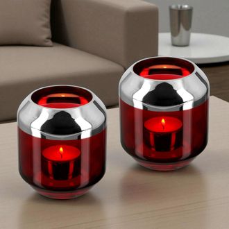 Fink Teelichthalter Set 2-teiliges Kerzenglas Geschenkset Minivasen kleine Windlichter aus Glas - Kleiner Advent Leuchter Rot mit Silbernem Rand 9 x 9 x 9 