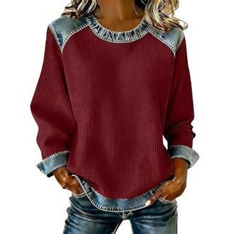 Generic Sweat-shirts pour femme sans capuche vintage en tricot gaufr&eacute; denim patchwork sweatshirts surdimensionn&eacute;s &agrave; col rond pulls de couleurs blocs de couleu