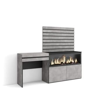 Skraut Home | Schminktisch | Frisiertisch mit Stauraum | 177x145x35 cm | mit Schublade | Elektrokamin XXL | Lamellenwand Holz | Moderner Stil | Zement