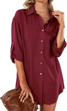 SHEKINI Chemisier Femme Élégant et Chic Manches Longues Oversize Décontracté Chemise Col en V Boutonné Blouse Cover up Haut Robe Manches 3/4 Chemise avec Poch