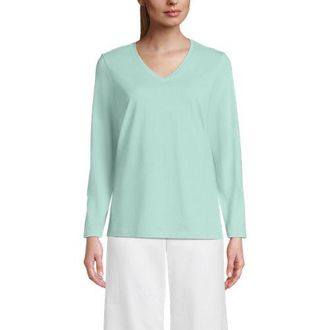 Lands End Supima Langarm-Shirt mit V-Ausschnitt, Damen, Gr&ouml;&szlig;e:32-34 regular, Blau, Baumwolle, by Lands End