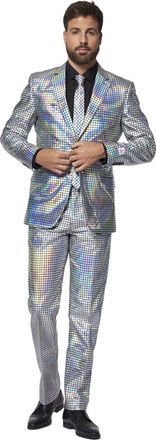 OppoSuits Silberner Anzug f&uuml;r Herren, Silvesterparty, holografisches Karomuster, Silber, inklusive passender Jacke, Hose und Krawatte, Discoballer, 62