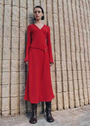 Mango Kleid mit V-Ausschnitt und G&uuml;rtel rot - Damen - S - MANGO