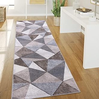 Paco Home Tapis De Salon Poils Ras Tapis Vintage Style Abstrait Moderne Motif Diamant G&eacute;om&eacute;trique, Dimension:80x300 cm, Couleur:Beige