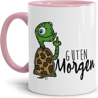 Tassendruck Tasse mit frechem Motiv - Schildkr&ouml;te zeigt Mittelfinger Guten Morgen - Geschenke f&uuml;r Freunde und Kollegen zum Geburtstag, Weihnachten | Spruch-Tasse 