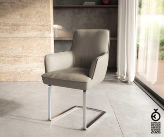 DELIFE Freischwinger Heira-Flex mit Armlehnen Echt-Leder Schlamm Freischwinger flach Edelstahl Taschenfederkern, Esszimmerst&uuml;hle