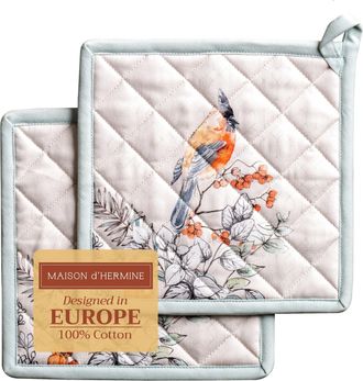 Maison d'Hermine Hot Pads Topfhalter aus 100% Baumwolle, 2er-Set (20cm x 20cm) mit Schleife, hitzebeständig für BBQ, Kochen, Backen, Grillen, Whitish Shabby Chique - E