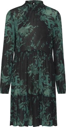 Kaffe Kleid KArikka Damen Kleid Langarm Print Falten Faltenkleid Midikleid 44, Black/Green Painted Flower 44