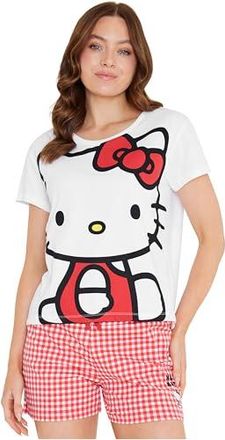 Hello Kitty Pyjama Femme 2 Pi&egrave;ces Ensemble Pyjama Femme &Eacute;t&eacute; V&ecirc;tement de Nuitt Doux et Respirant Cadeau Femme et Ado (L, Blanc/Rose)