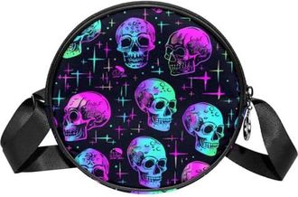 Generic Petit sac &agrave; bandouli&egrave;re circulaire pour femme, motif cr&acirc;nes, petit sac &agrave; dos &agrave; bandouli&egrave;re avec fermeture &eacute;clair, bretelles r&eacute;glables, sac &agrave; main rond