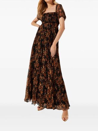 Caroline Constas robe mi-longue fleurie &agrave; encolure carr&eacute;e - Marron