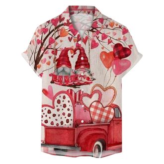 Generic Herren Valentinstag Hemd Kurzarm Herz Amor Schl&uuml;ssel Druck Bunt Hawaiihemd M&auml;nner Button-Down Strandhemd Sommer Freizeit Party Top Regular Fit Lustige
