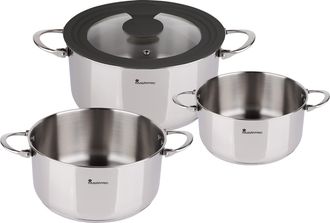 Masterpro Foodies - K&uuml;chenbatterie - 4 -St&uuml;ck -Set mit 4, 20 und 24 cm Pfannen und Glasdeckel - Hergestellt in Edelstahl - kompatibel mit allen Arten von K&uuml;chen