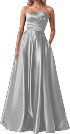 Generic Robe de bal longue sans bretelles en satin pour femme - Robe de soir&eacute;e formelle sans manches, Argent&eacute;., 46 Grande taille