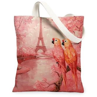 Generic Sac fourre-tout en toile motif perroquets et oiseaux pour faire du shopping 33 x 38,1 cm, sac &agrave; bandouli&egrave;re r&eacute;utilisable pour la Saint-Valentin, for&ecirc;t
