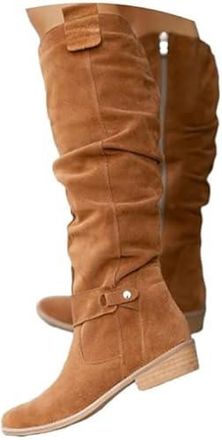 Generic Bottes molles &agrave; hauteur du genou pour femme, bottes &agrave; talon bas et &eacute;pais avec fermeture &eacute;clair lat&eacute;rale &agrave; bout rond, chaussures d&eacute;contract&eacute;es en daim 