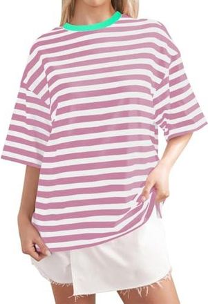 Generic T-shirt &agrave; rayures d&eacute;contract&eacute; pour femme avec col rond et manches courtes pour le printemps. T-shirt ray&eacute; minimaliste et confortable, Rose clair, S