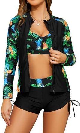 SHEKINI Maillot de bain 3 pièces Rash Guard à manches longues avec cordon de serrage pour femme, Ananas noir, L