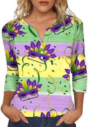 Generic Haut &agrave; manches 3/4 pour femme - T-shirt de carnaval imprim&eacute; masque graphique - Col en V - &Eacute;l&eacute;gant - D&eacute;contract&eacute; - Chemisier basique classique - Pour f