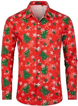 Hisdern Chemise de Noël Homme Manches Longues Chemise Rouge Funky Imprimée père Noël Casual Chemise Boutons M