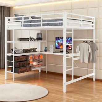 Generic Wei&szlig;es Zwischengeschossbett 140x200 - Integrierte LEDs, Schreibtisch mit USB-Steckern, 3 Schubladen, Regale und Kleiderschrank (ohne Matratze)