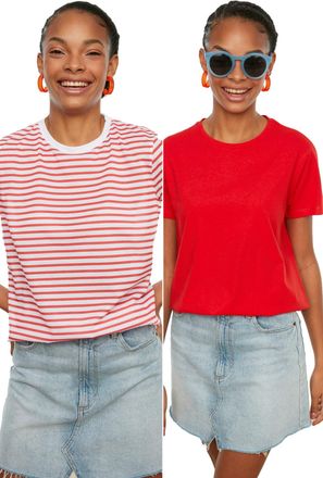 Trendyol Trendyol Damen Trendyol - 100% Baumwolle Suprem Bike Collar 2 Paket gestricktes T-Shirt - T-Shirt, Red-Multicolor, S