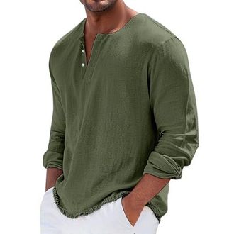 Generic Henley Chemise &agrave; manches longues en lin pour homme Polo &agrave; manches longues T-shirt d&eacute;t&eacute; boutonn&eacute; T-shirt de plage l&eacute;ger Ourlet ray&eacute; Manches longues Res