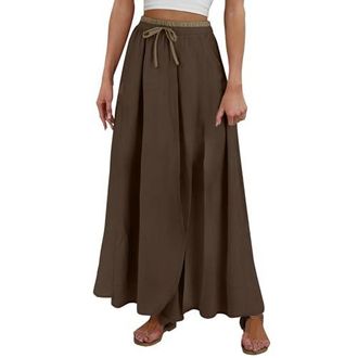 Generic Jupe trap&egrave;ze d&eacute;contract&eacute;e de couleur unie pour printemps et &eacute;t&eacute;, en coton et lin, jupe midi grande taille pour femme, sexy, caf&eacute;, XXL