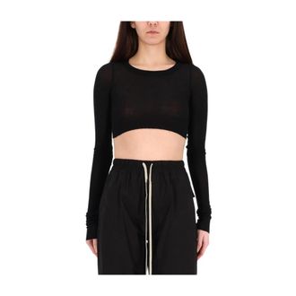 Rick Owens Geripptes- kurz geschnittenes Oberteil mit Rundhalsausschnitt und langen &Auml;rmeln - - Tops - Damen - Schwarzk - L