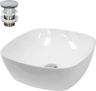ECD Germany Waschbecken Waschtisch 405x405x140 mm aus Keramik Weiß inkl. Ablaufgarnitur für Waschbecken ohne Überlauf Aufsatzbecken Aufsatzwaschbecken Aufsatzwasc
