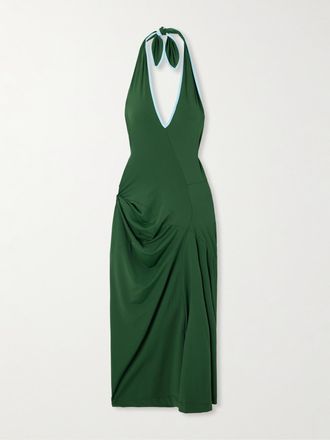 Dries Van Noten Robe Midi Dos Nu En Jersey Stretch Bicolore &Agrave; Fronces - Vert