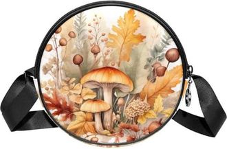 Generic Sac &agrave; bandouli&egrave;re rond pour femme, motif feuilles et champignons avec fermeture &eacute;clair et bretelles r&eacute;glables