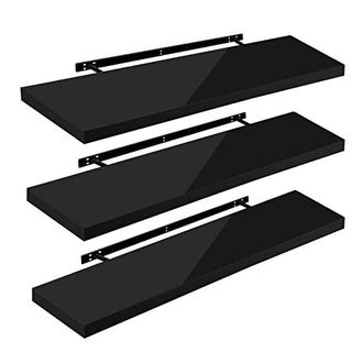 Woltu &Eacute;tag&egrave;re Murale Lot de 3, &Eacute;tag&egrave;res Flottantes, pour Livres, CD DVD, en Panneau de Bois dIng&eacute;nierie, 120x22,9x3,8cm, Noir, RG9484sz-3