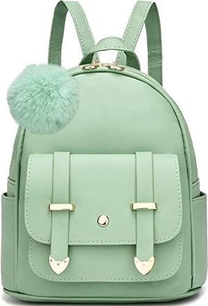 I Ihayner Mini sac à dos tendance fille, sac à dos femme, adolescente, sacs à main en cuir PU, sac à dos à pompon, sac à bandoulière, vert, Small, Classique