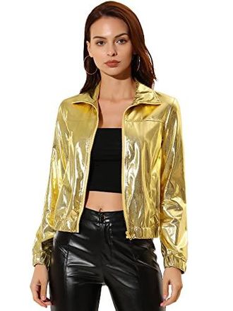 Allegra K Veste de surv&ecirc;tement pour femmes Holographic Brillant &agrave; manches longues Veste m&eacute;tallique Zip Front Or M