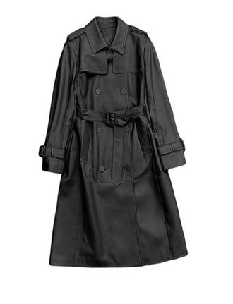 Generic Manteau en cuir pour femme - Double boutonnage ceinture revers mode v&eacute;ritable peau de mouton mince Trench Coat, Noir, L