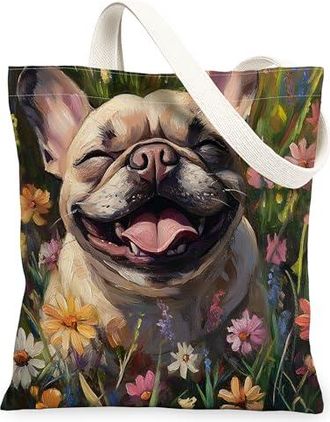 Generic Sac fourre-tout en toile motif bouledogue fran&ccedil;ais pour le shopping, 33 x 38,1 cm, sac d&eacute;picerie r&eacute;utilisable pour femme, animal de compagnie, peintur