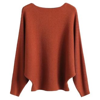 Generic Pull tricot&eacute; &agrave; manches chauve-souris et col bateau pour femme, pull tricot&eacute; &agrave; manches chauve-souris Dolman, caramel, Taille unique