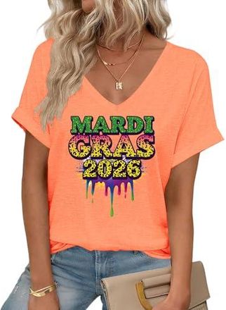 Generic T-shirt Mardi Gras pour femme, col en V - T-shirt d&eacute;contract&eacute; &agrave; manches courtes pour carnaval, v&ecirc;tements d&eacute;t&eacute; - pour les loisirs et les voyages, Orang
