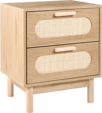 Beliani Nachttisch im Boho-Stil aus Spanplatten mit Rattanfront 2 Schubladen Hellbraun Costello