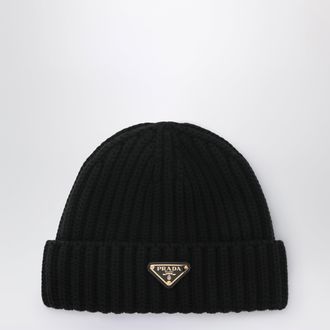 Prada Schwarze Wollm&uuml;tze mit Logo-Dreieck